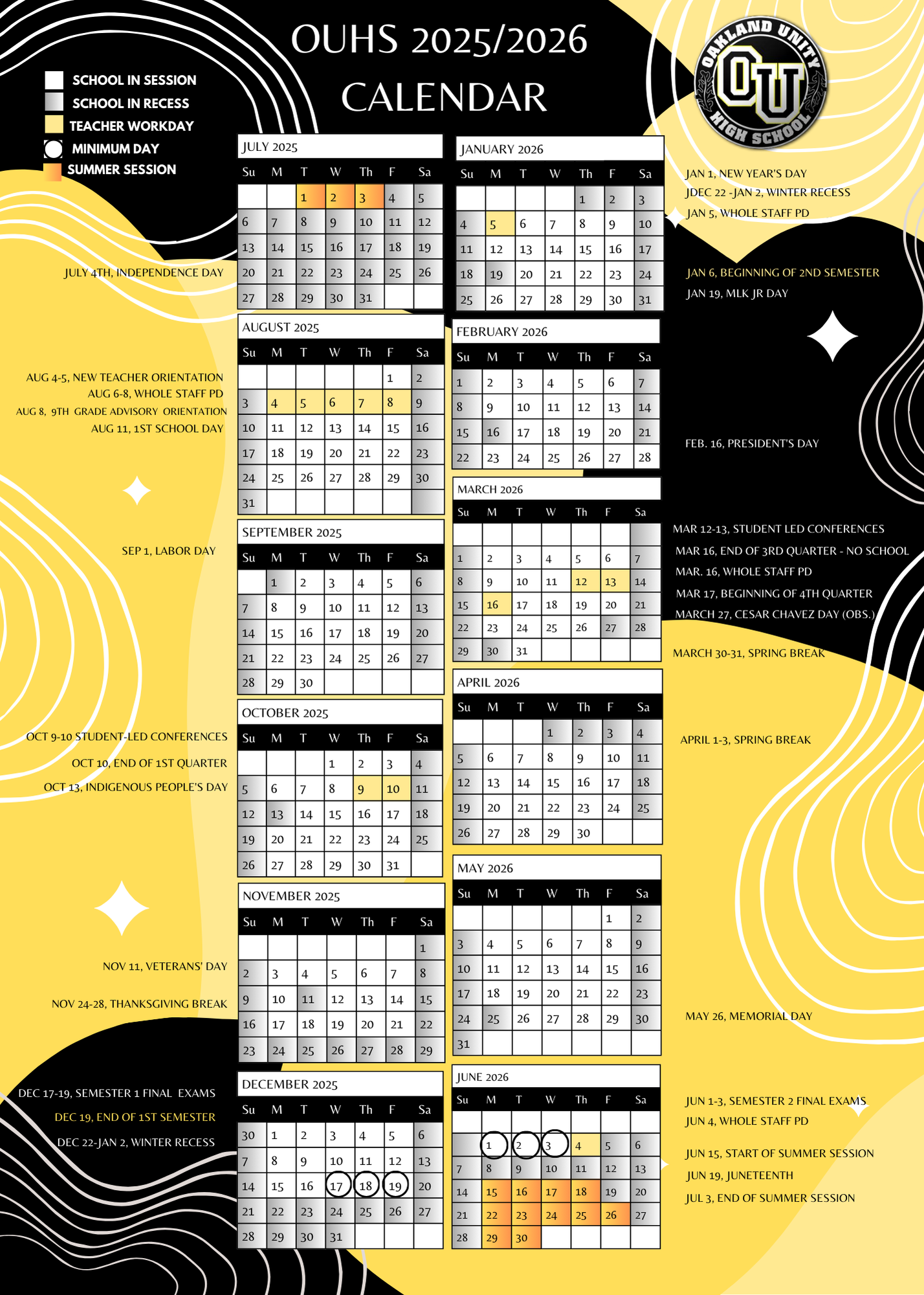 OUHS School Year Calendar - Oakland Unity High School