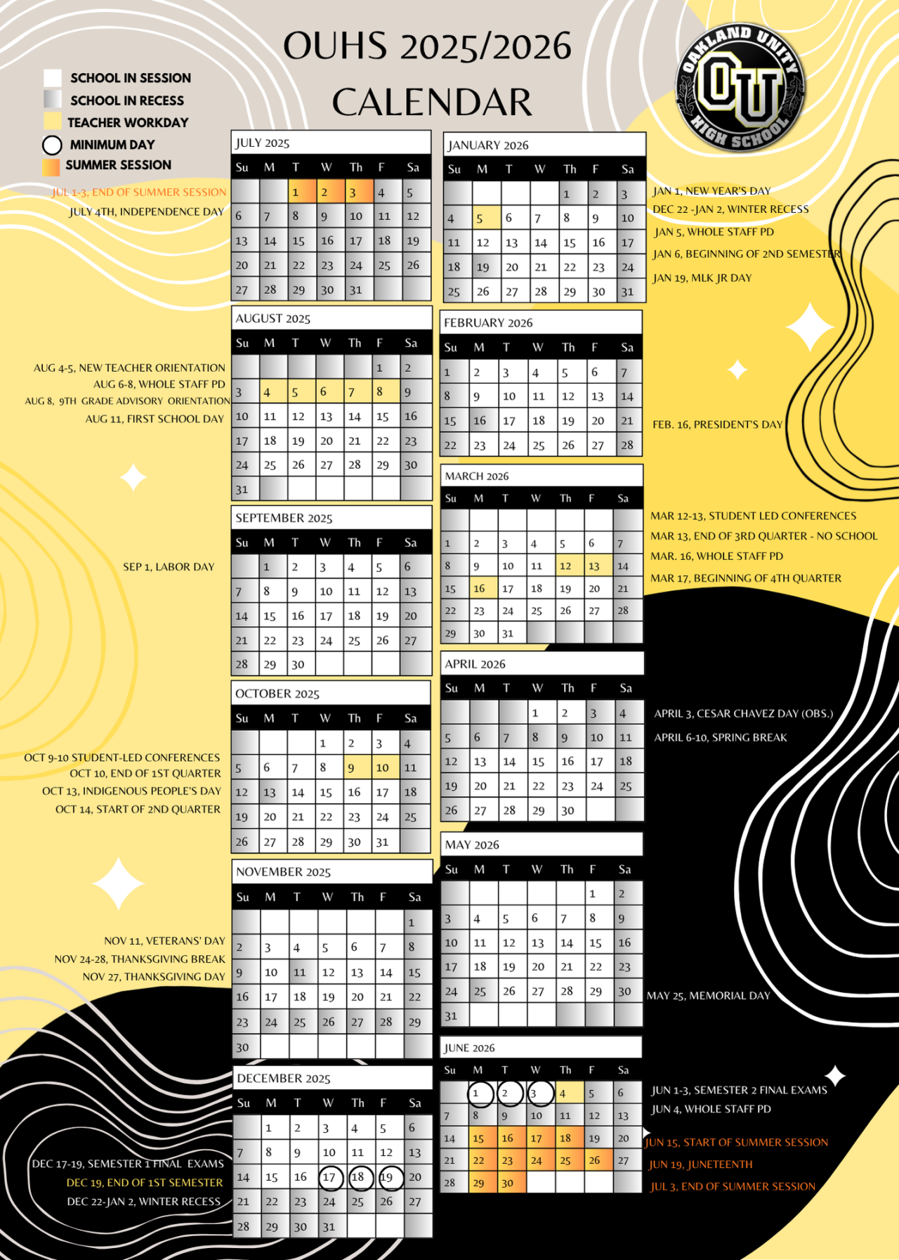 OUHS School Year Calendar - Oakland Unity High School